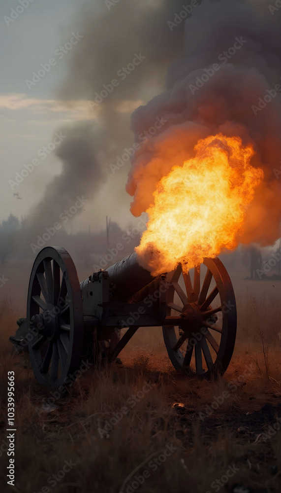 Civil War-era cannon firing with dramatic smoke and flame, capturing a moment of historical ...