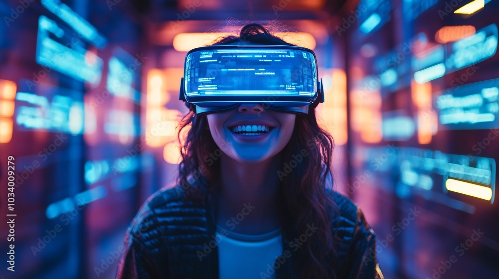 Virtual Reality Experience in Futuristic Office Young Women Excitedly ...