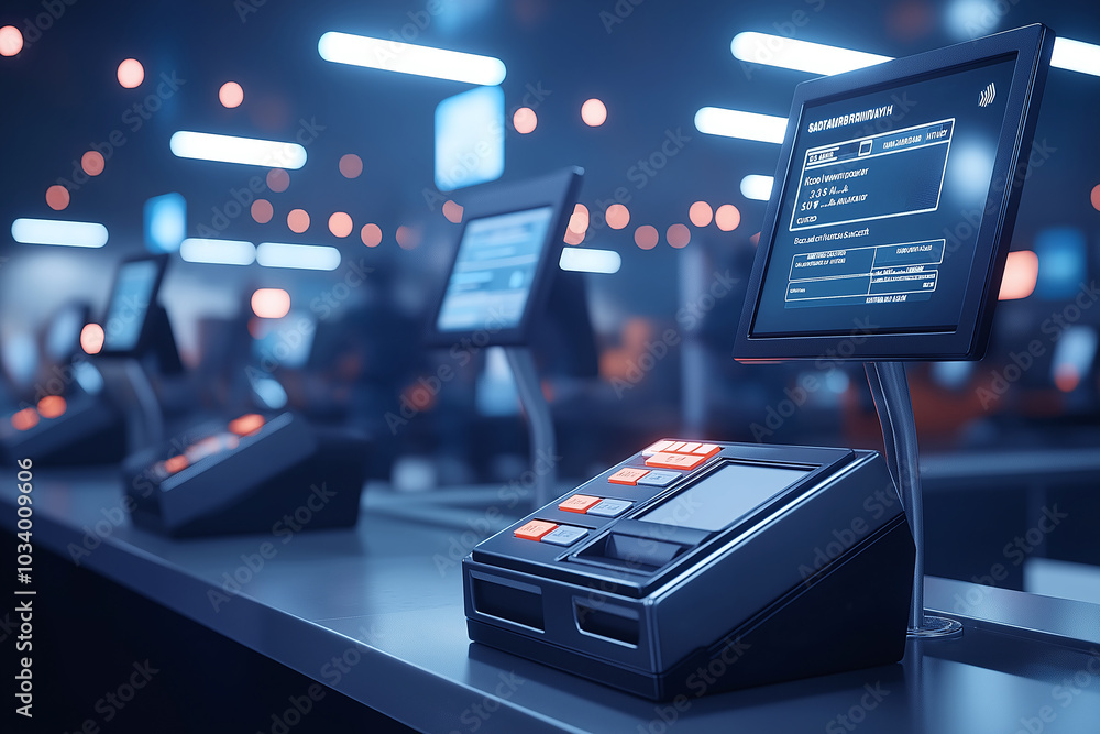 Modern retail checkout counter with touch screen interfaces and digital ...