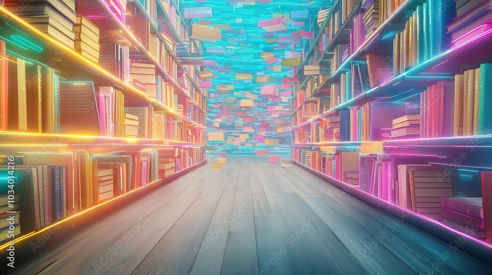 Futuristic digital library where readers summon glowing holographic ...