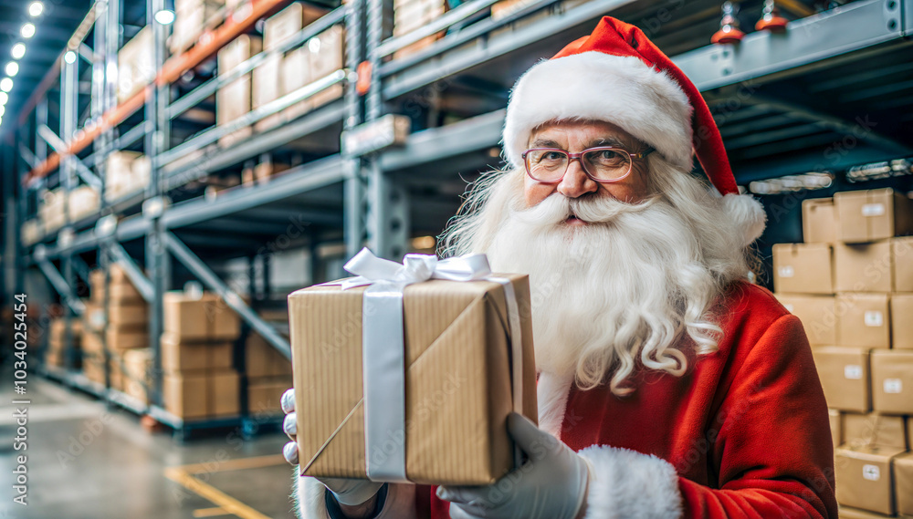 Santa Claus in Warehouse Holding Gift Box with Shelves of Packages in ...