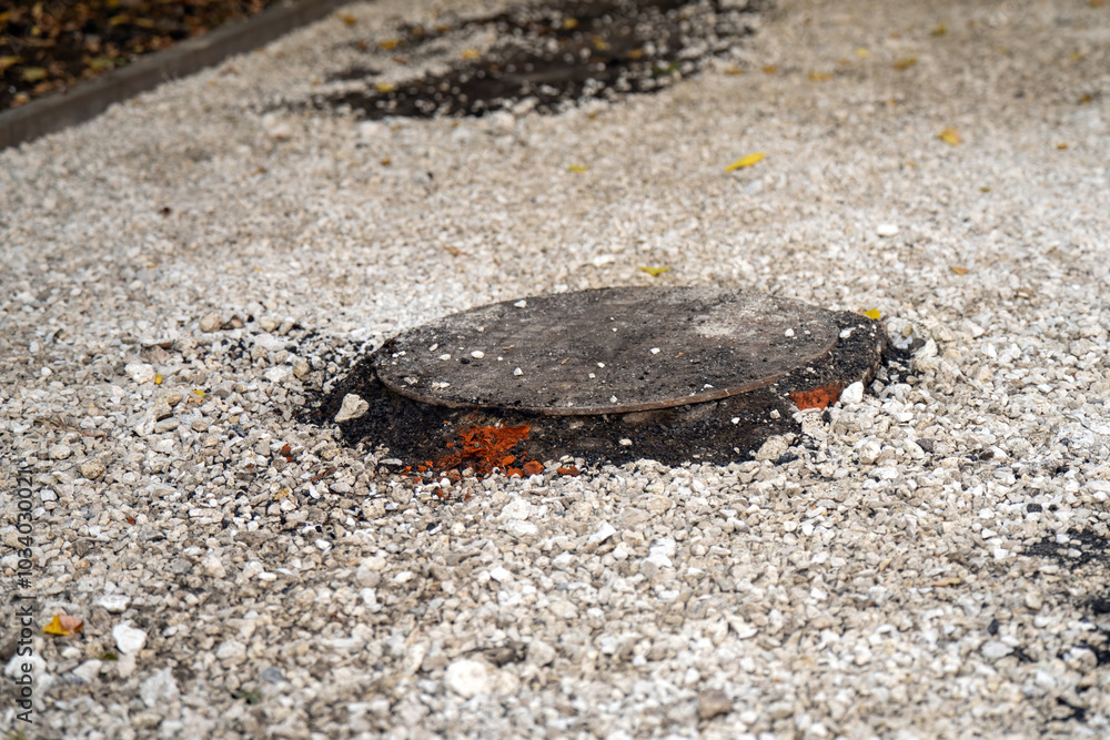 cast iron manhole sits at the center of a repaired sidewalk ...