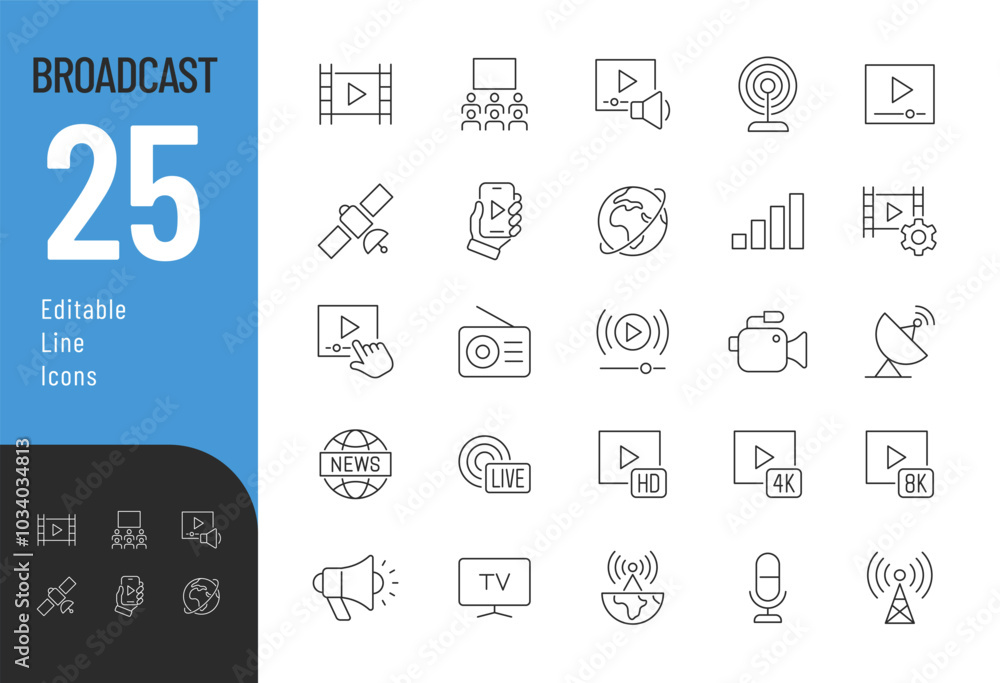 Broadcast line Editable Icons set. Vector illustration in modern thin ...