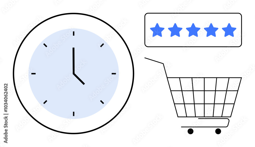Clock, shopping cart, and five-star rating. Ideal for e-commerce ...