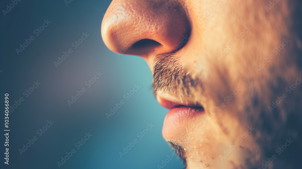 Close-up of human nose during inhalation, capturing the subtle rise and ...