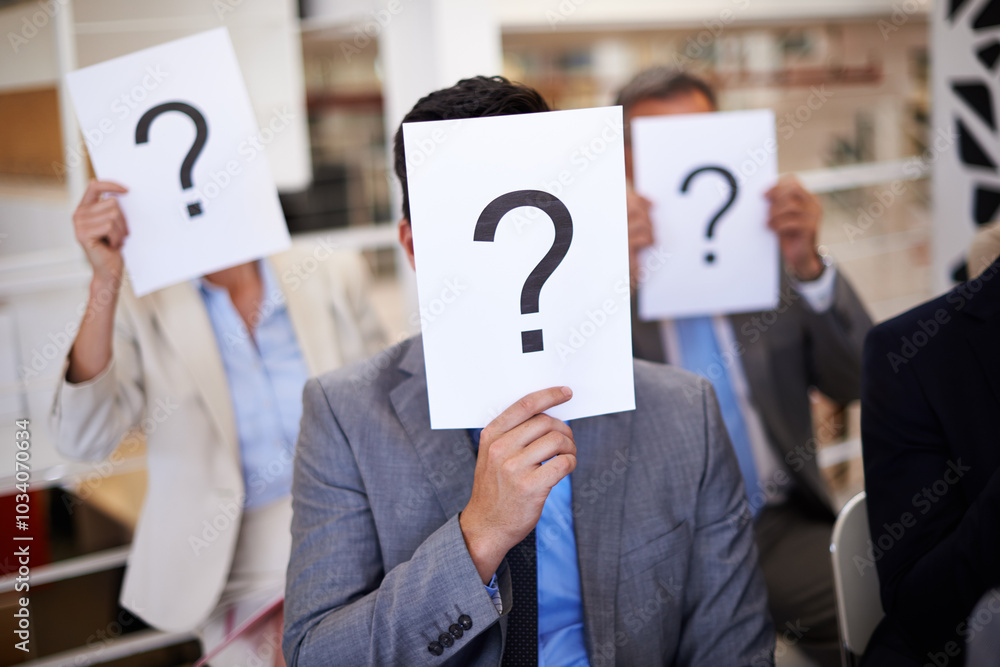 Office, paper and business people with question mark on face for ...