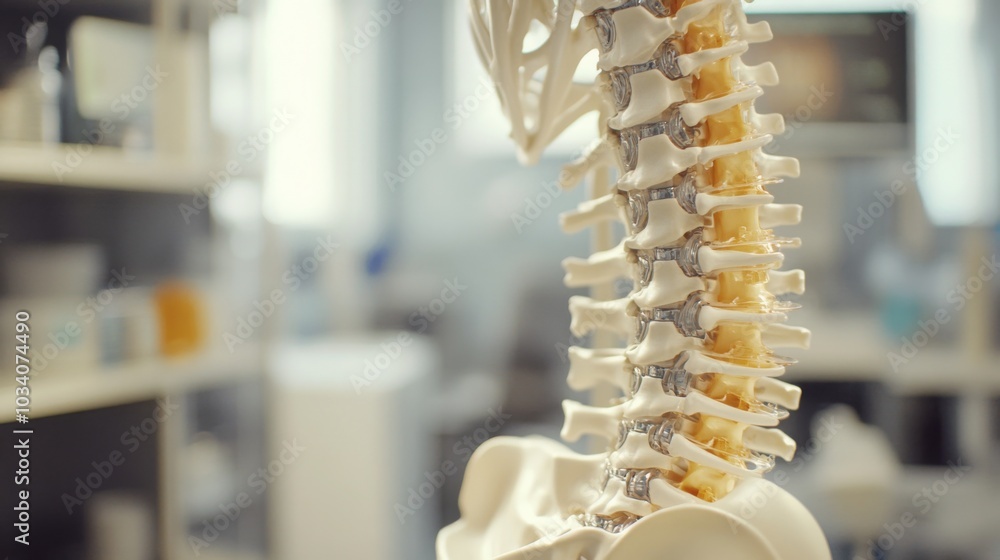 A human spine model stands prominently in a medical laboratory ...
