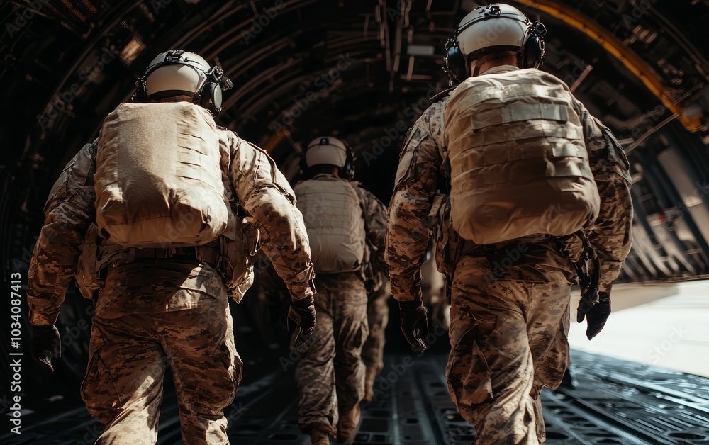 Military personnel walking inside an aircraft, geared up for deployment, representing tactical ...