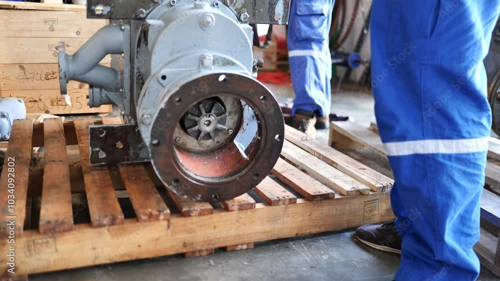 Close-up of a mechanic's skilled hands adjusting an air compressor ...