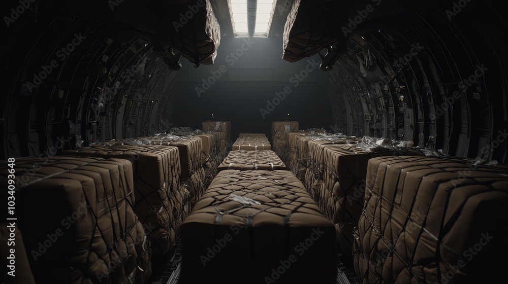 View of a fully loaded cargo plane interior, freight secured along the ...