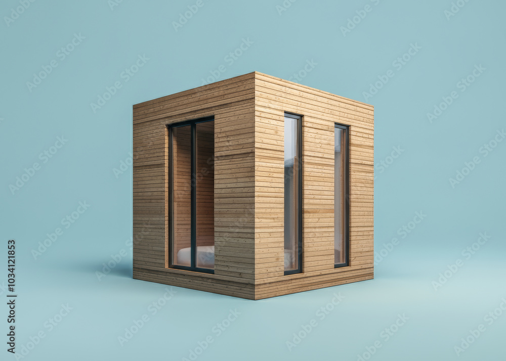 House cube with wooden elements. The house design idea is simple but ...