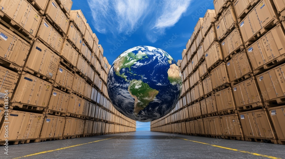 Global Isolation, a globe encircled by towering shipping crates ...