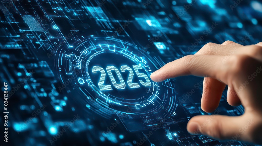 A hand points to a futuristic digital display with the year 2025 ...