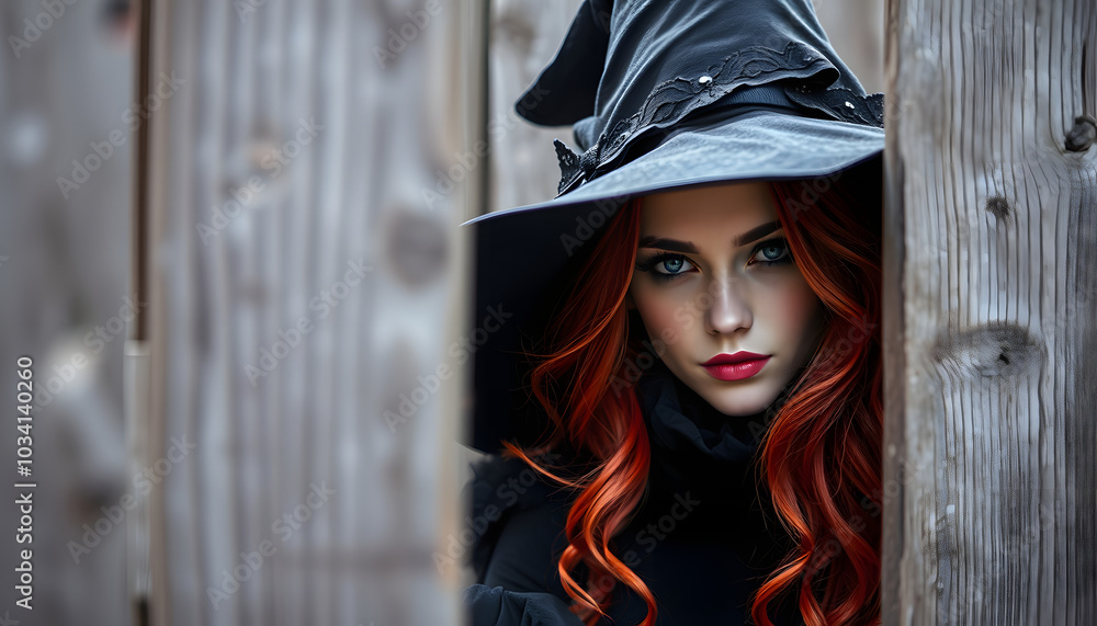 Halloween Witch peeking out behind a fence or wooden wall. Female ...
