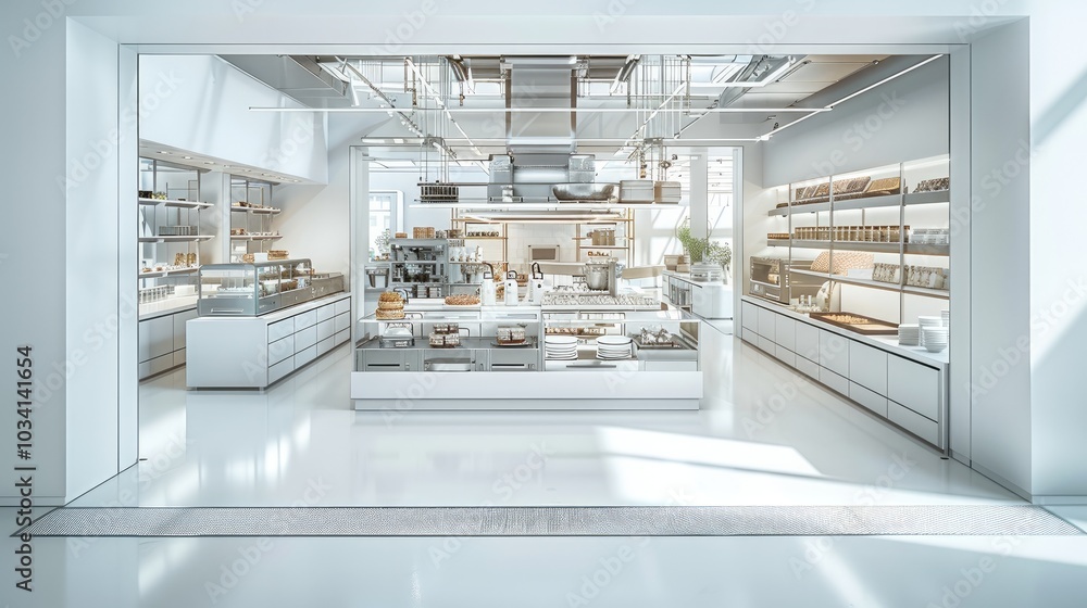 A futuristic, modular bakery space, with a central manufacturing area ...