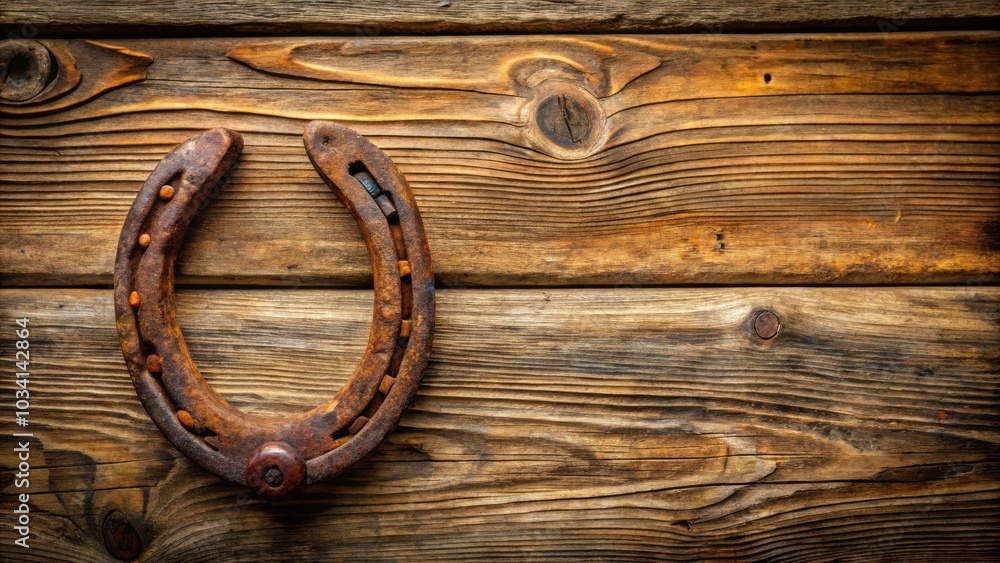 A rusty horseshoe leaning against weathered wooden planks, showcasing a ...
