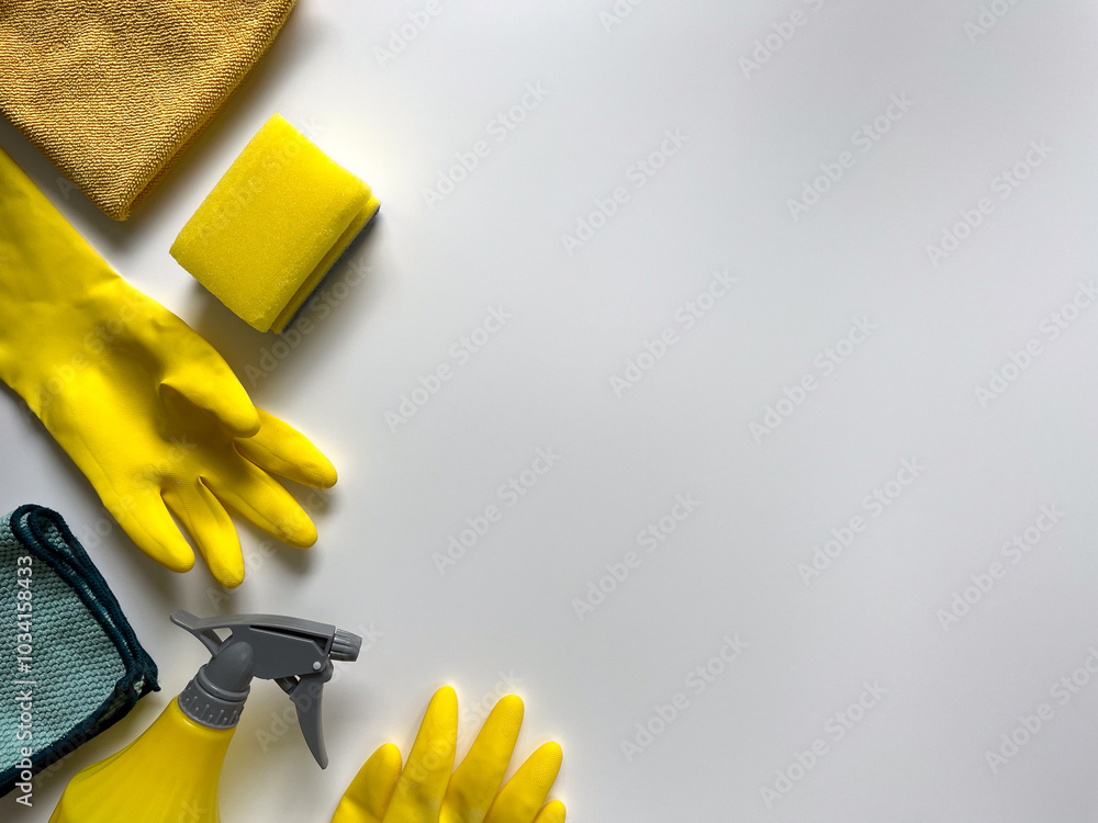 Top view of green, yellow, and orange cleaning tools. Equipment for ...