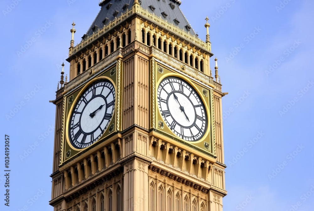 Big Ben Clock tower with ornate Gothic architecture and four clo ...