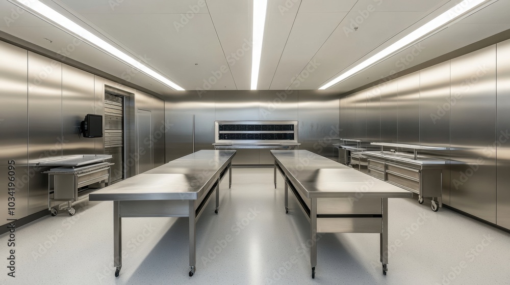 Modern morgue setup with steel tables and medical equipment, designed ...