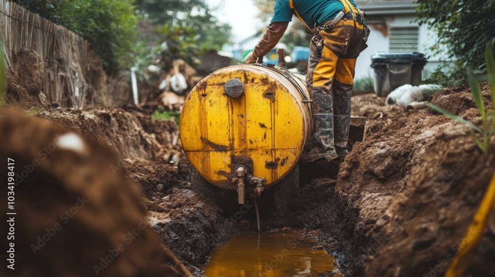Septic tank being installed underground in a home backyard ...
