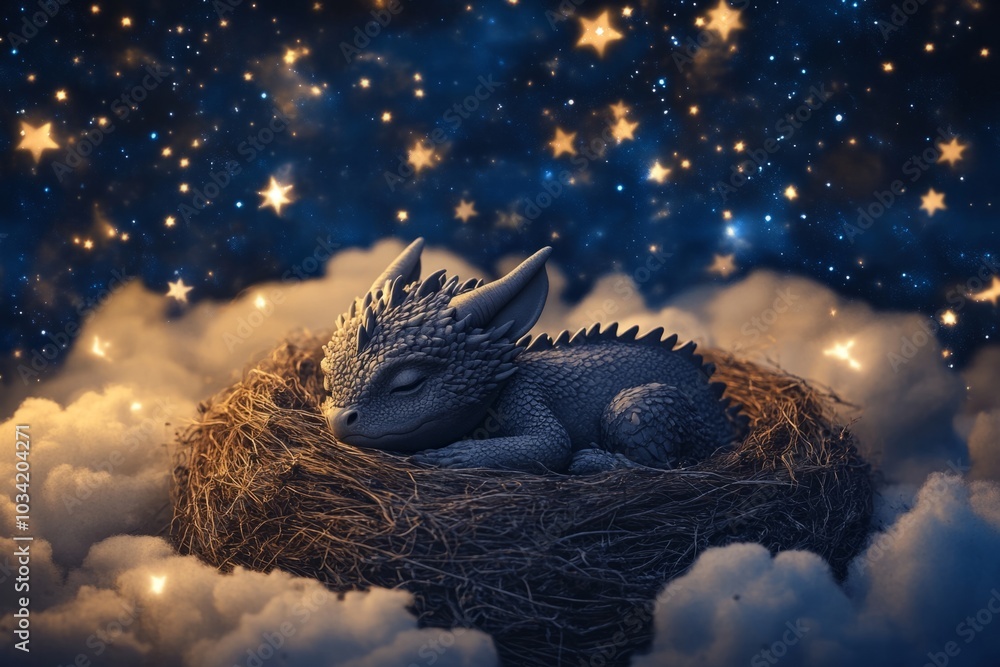 A serene scene of a sleeping dragon in a cozy nest among clouds ...