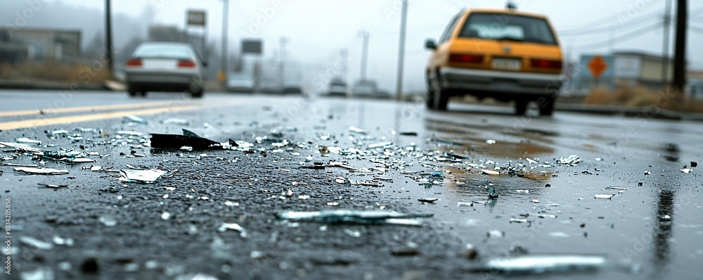 Emergency Responders at Chaotic Pileup - Rain-Drenched Road with Broken ...