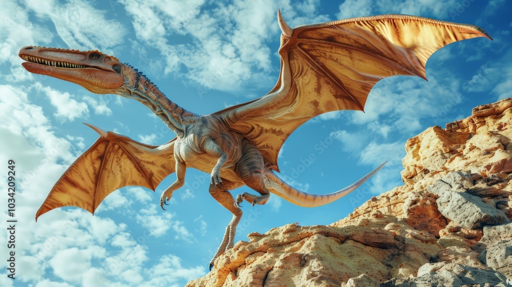 Pterodactyl standing on cliff edge during sunset. Spreading wings while ...