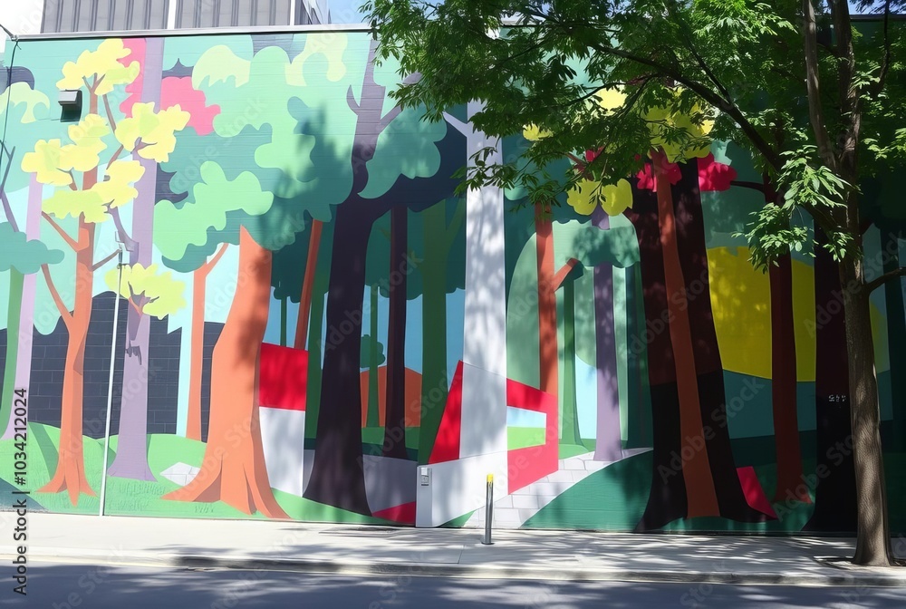 _. Cubist Forest MuralA large-scale mural depicting a Cubist int ...