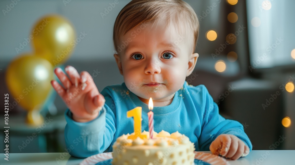 Little boy and a birthday cake with one candle and the number one. The ...