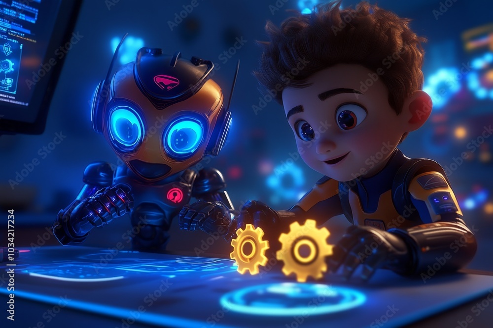 Pixel art students building robots, with animated gears moving on the ...