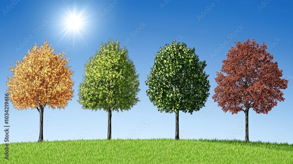 Four trees representing the four seasons with a sun shining in a blue ...