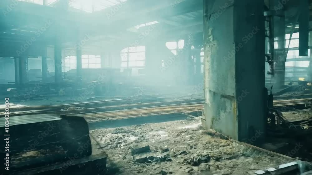 Light beams illuminate dust particles floating in an abandoned factory ...
