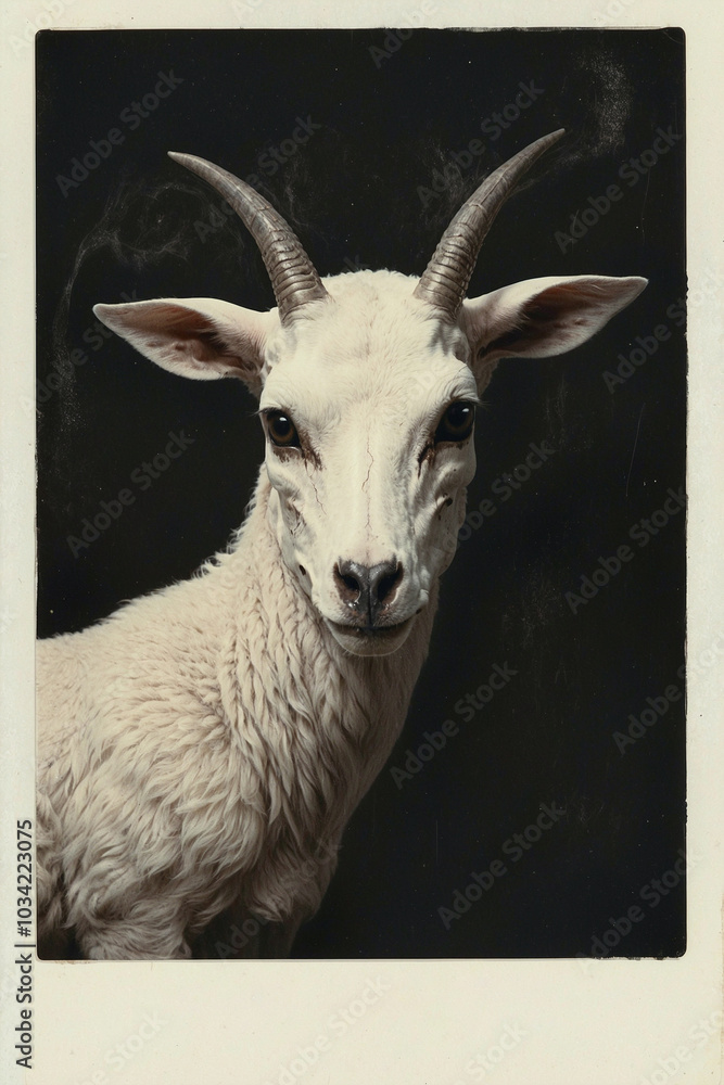 Tarot original card, portrait of a white goat with large horns. The ...