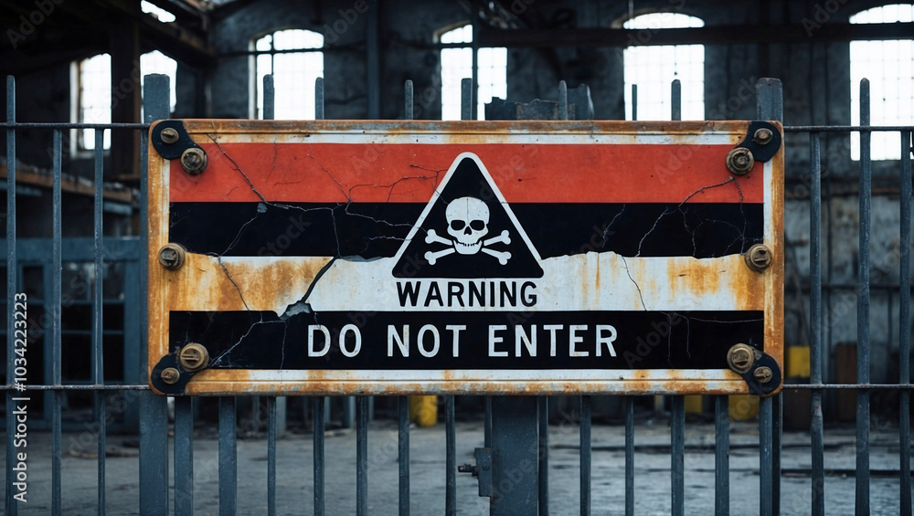 Warning Sign in Abandoned Industrial Setting with Rusted Metal Gate and ...