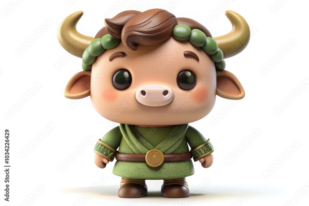 A playful, chibi-inspired 3D Taurus mascot with round cheeks, a button ...