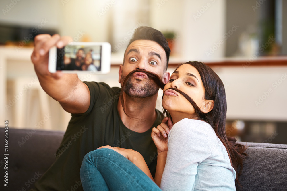 Goofy, couple and selfie for playful at house with hair moustache ...
