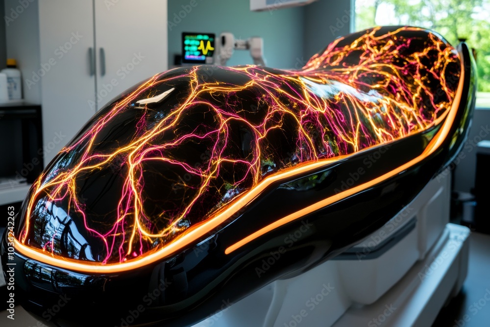 Neon-lit skin regeneration chamber, with glowing diagnostics overlaying ...