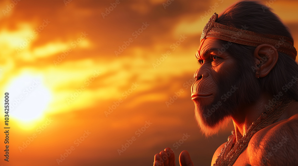 Lord Hanuman Blessing with Sunlit Aura A vibrant portrait of Lord ...