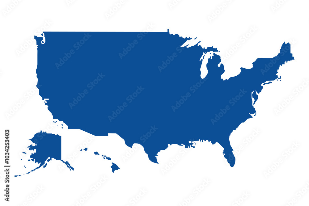 Colour map of the USA. The outline of the USA with a fill. Blue map ...