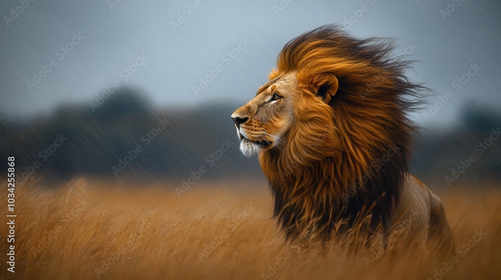 Majestic lion with flowing mane stands proudly in the African savanna ...