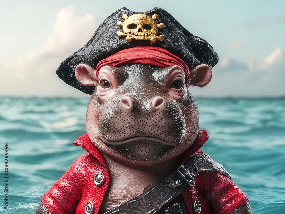 Snarky baby hippo in a pirate outfit, 3D adventure scene on the ocean ...