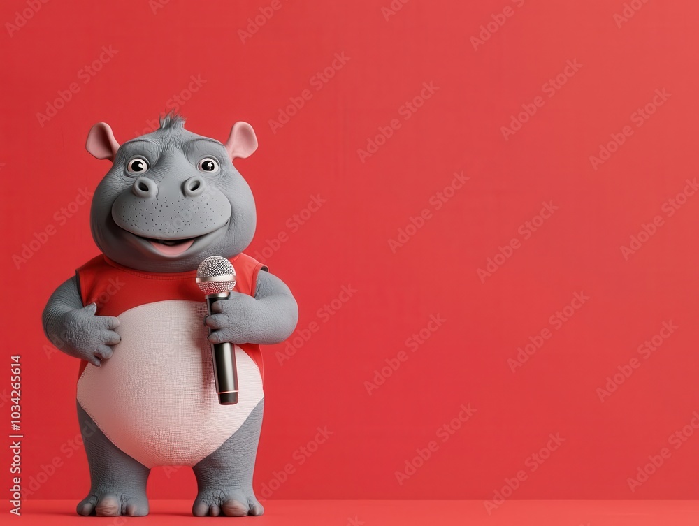 Snarky baby hippo holding a microphone, 3D rock concert scene, bold ...