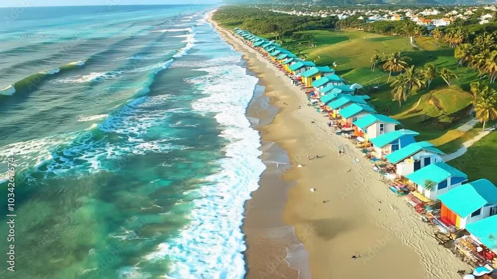 Capturing an aerial view of vibrant seaside cabins lined along a sandy ...