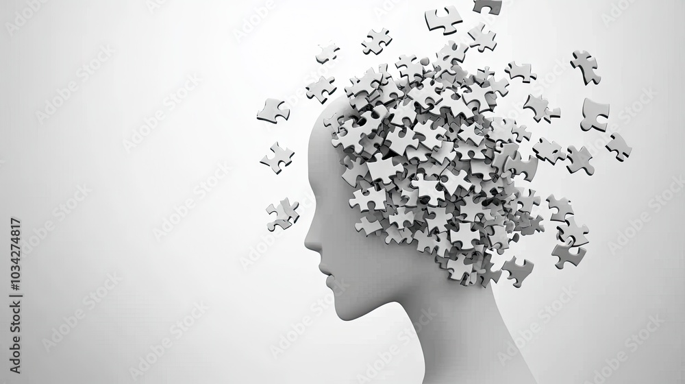 A creative exploration of thoughts as puzzle pieces form a woman's head ...