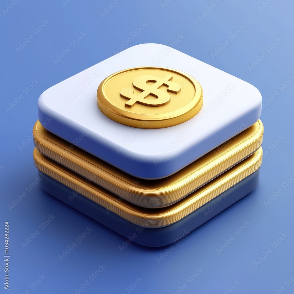 Stylized stack of golden dollar signs on a minimalist blue background ...