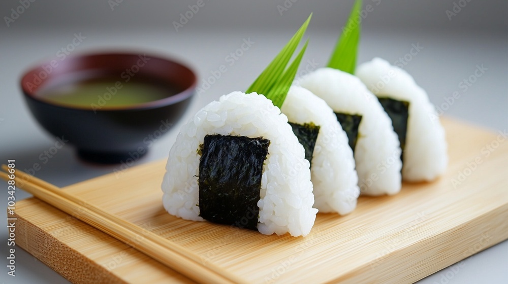 Japanese breakfast featuring onigiri (rice balls) with a small bowl of ...