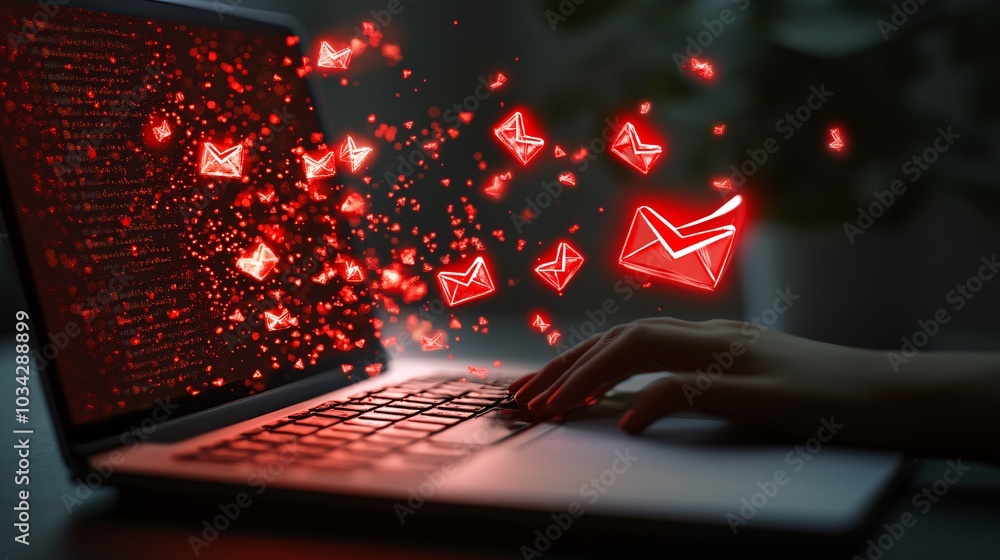 Data breach notification filling an email inbox screen large red alert ...