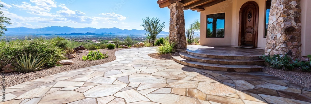 Stamped concrete flagstone walkway leading to house entrance Stock ...