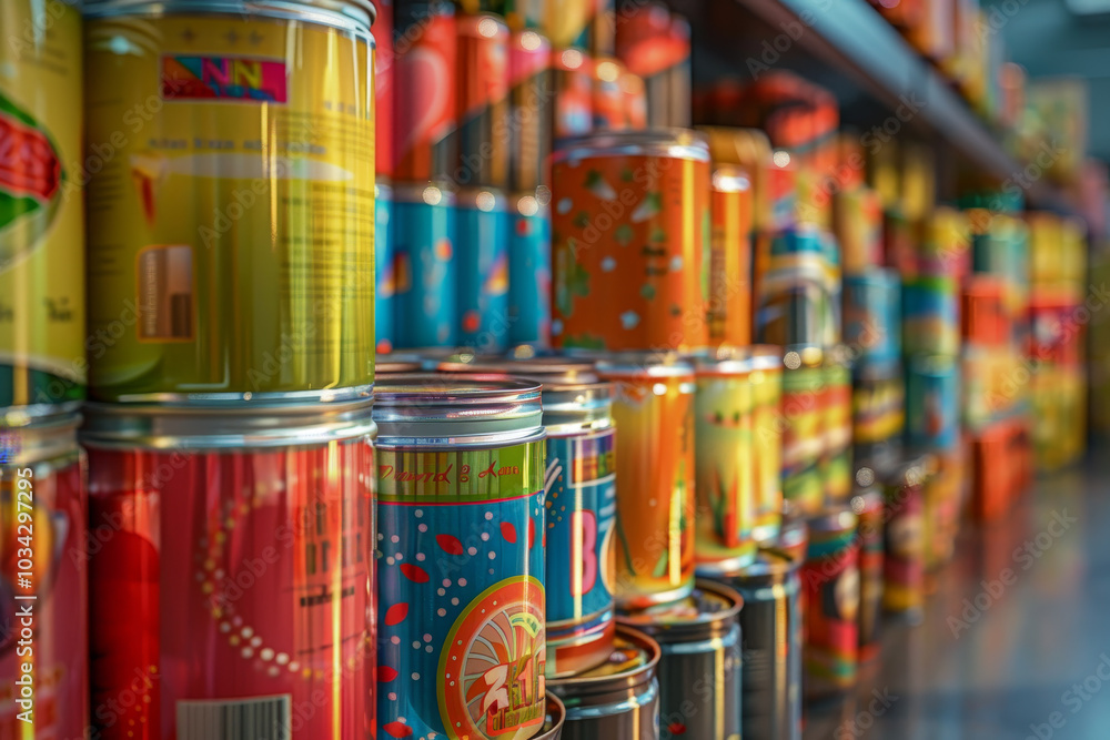 A vibrant display of various canned goods fills the grocery store aisle ...