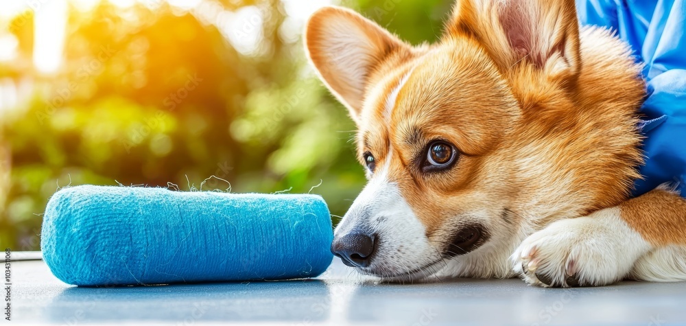 Corgi with a blue cast on its leg lying on a vet s table, representing ...